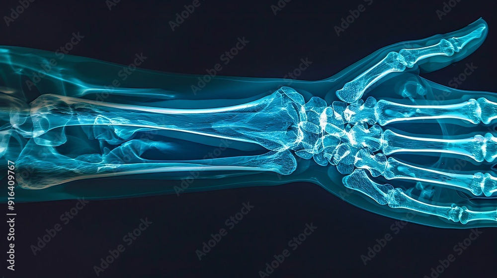 Pediatric wrist X-ray showing clear signs of carpal tunnel syndrome, detailed bone and tissue ...