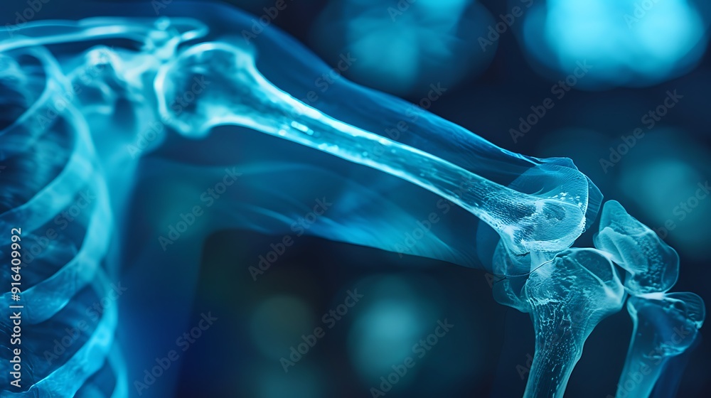 Side-view X-ray of a dislocated shoulder, highlighting the bone ...
