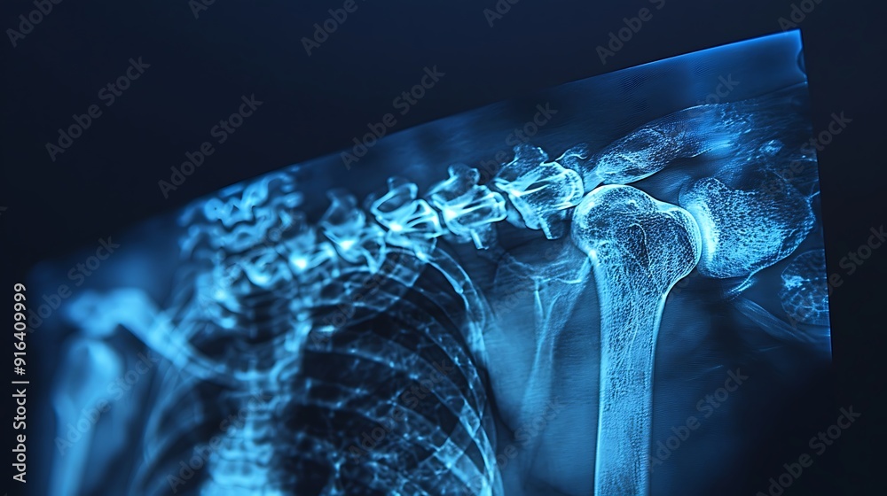 Side-view X-ray of a dislocated shoulder, highlighting the bone ...