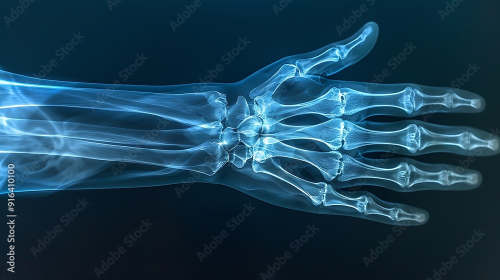 Side-view X-ray of a hand and wrist in a flexed position, highlighting ...