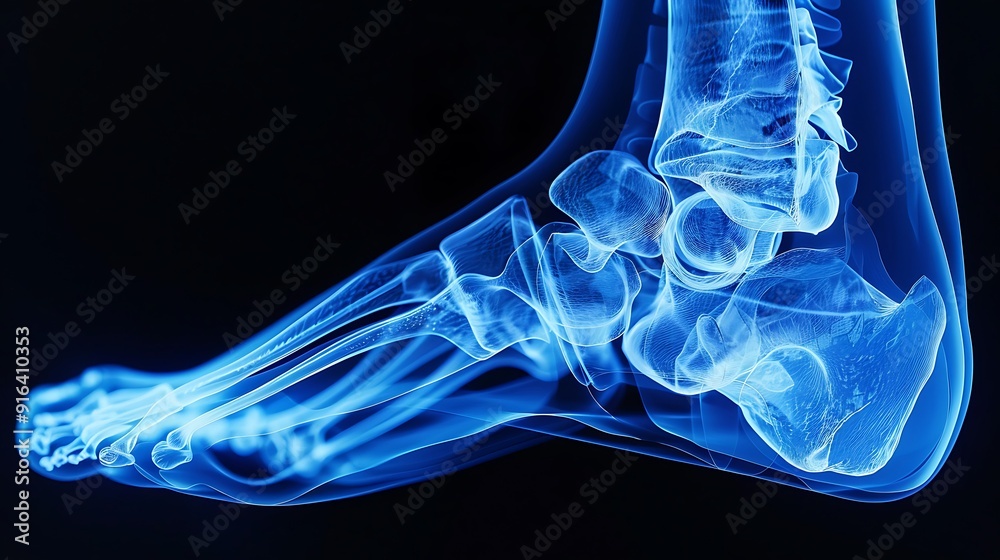 Side-view X-ray of a sprained ankle, highlighting bone and ligament ...