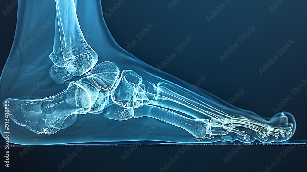 Side-view X-ray of feet in a standing position, highlighting bone ...