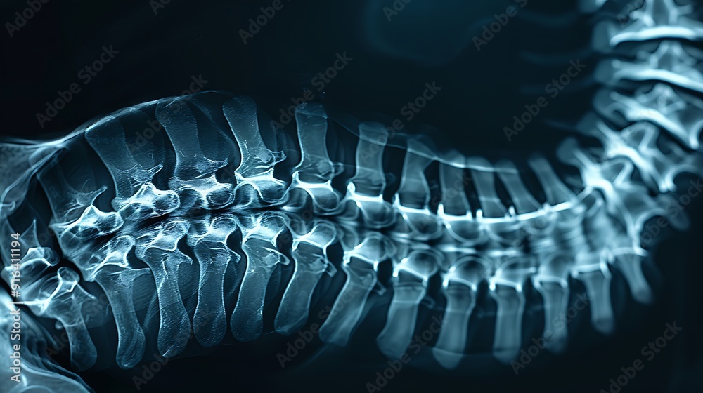 Side-view X-ray of the human spine, showing detailed vertebrae ...
