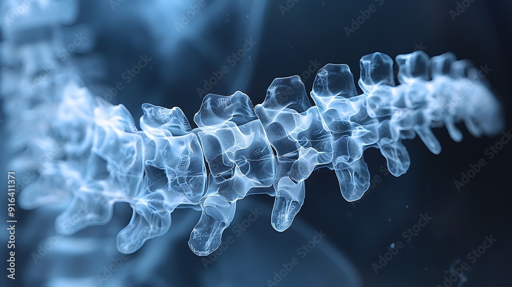 Side-view X-ray of the human spine, showing detailed vertebrae ...