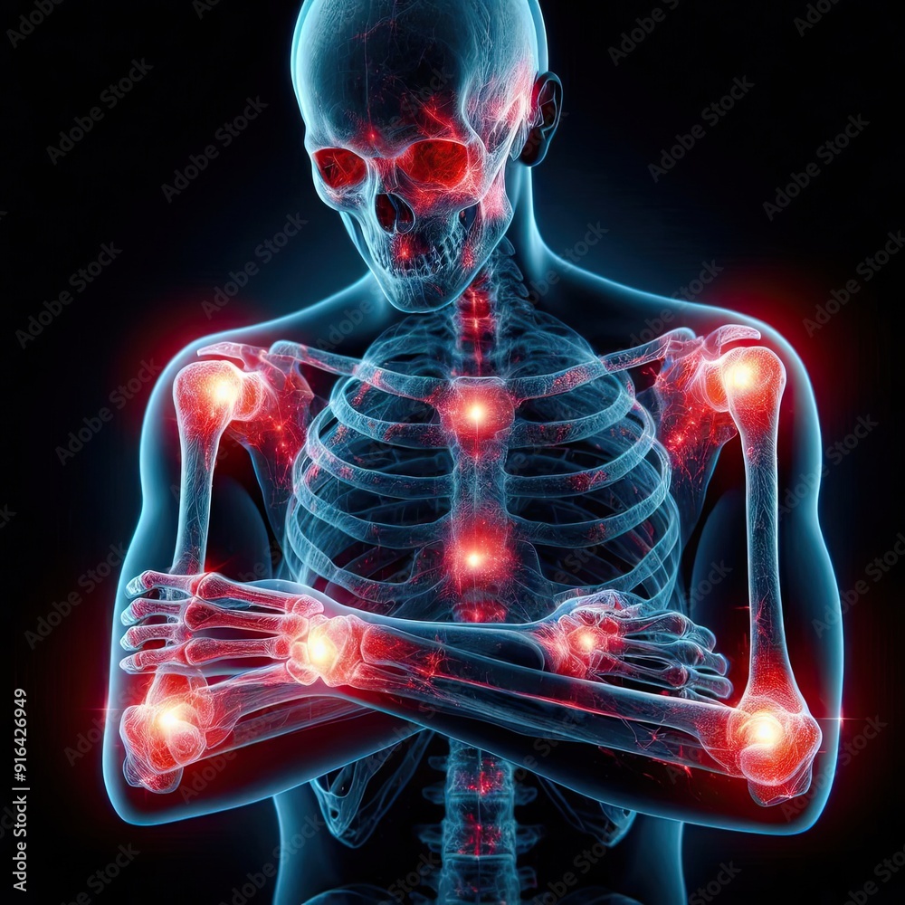 3D medical illustration of detailed human skeleton anatomy in blue x ...