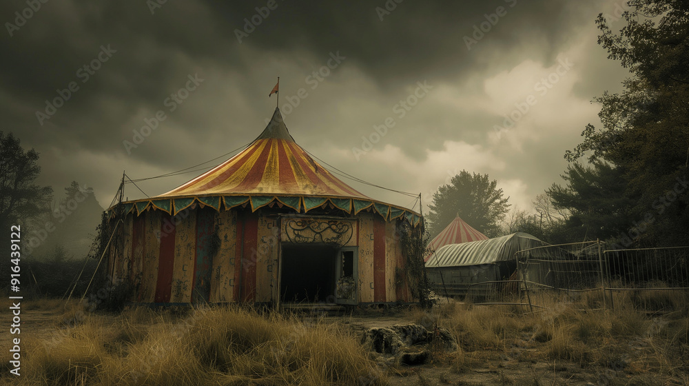 Abandoned circus tents and creepy performers with dark, unsettling ...