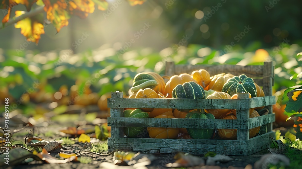 Realistic photo of vegetable basket or crate with lots of Patty pan ...