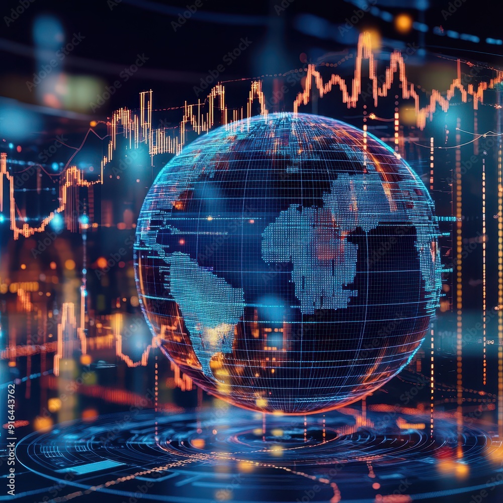 Detailed wireframe globe with GDP and inflation graphs projected on its ...