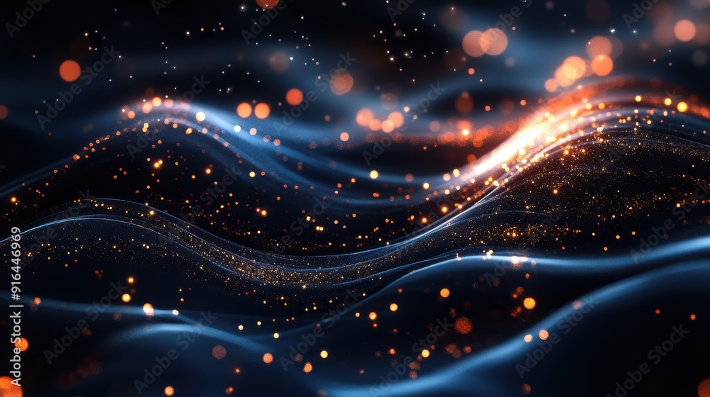 A luminous scene with a dark black background, featuring metallic and ...