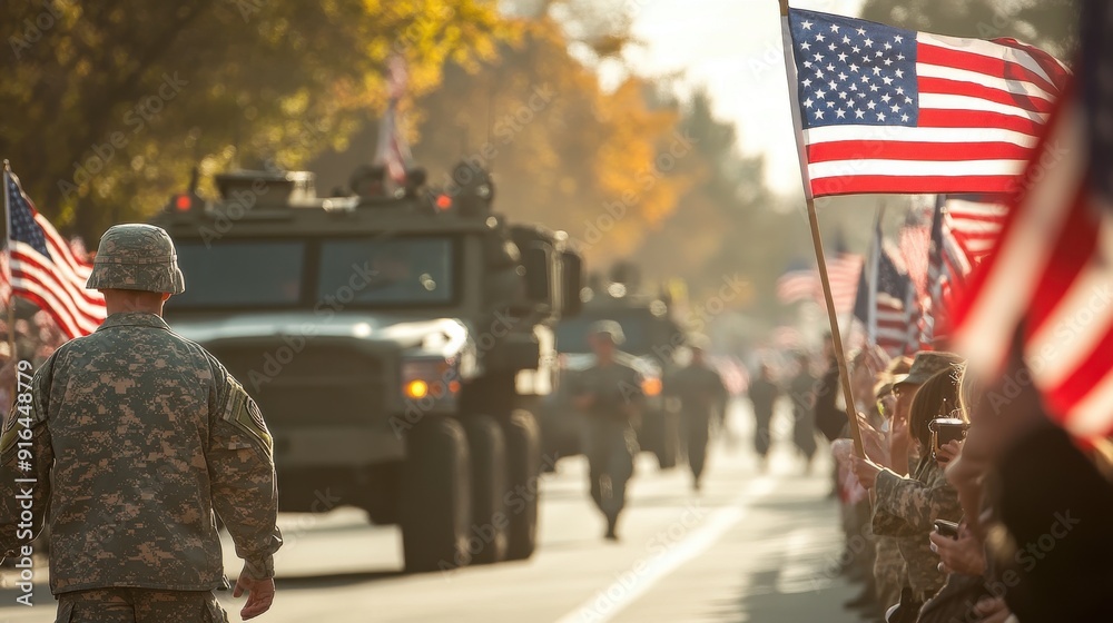 A Veterans Day parade featuring veterans in uniform marching proudly ...