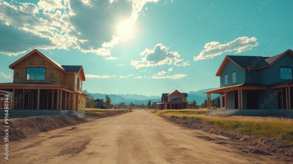 a suburban construction site with multiple houses being built, showing ...