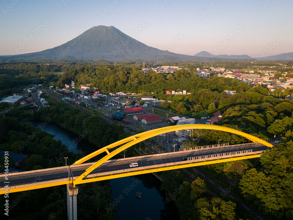 Niseko, Japan: Aerial drone view of the bridge over the Shiribetsu ...