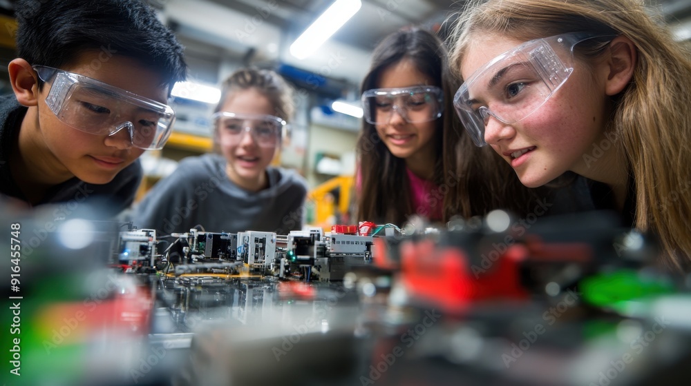 A robotics lab filled with enthusiastic students and their teacher, all ...