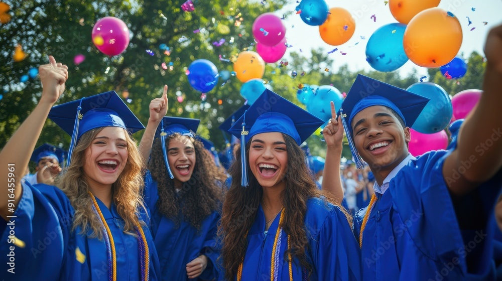 A group of high school graduates in their caps and gowns, celebrating ...