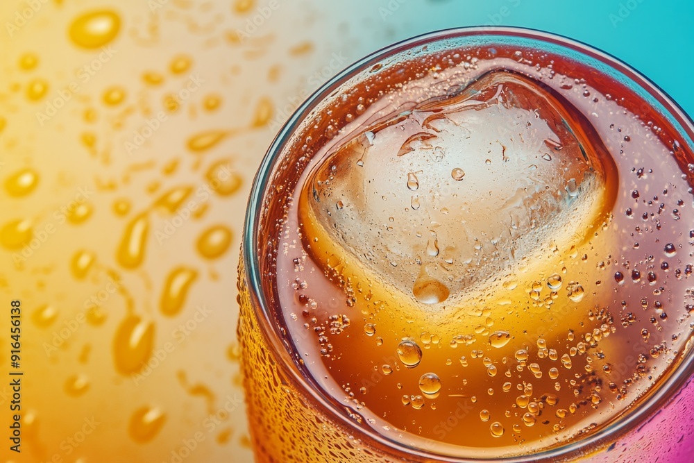 Cold drink in a glass sweats from the heat, showcasing melting ice ...