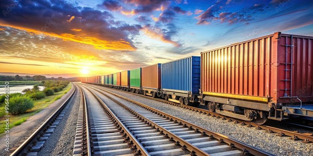 Railway infrastructure with containers being transported by train, rail ...