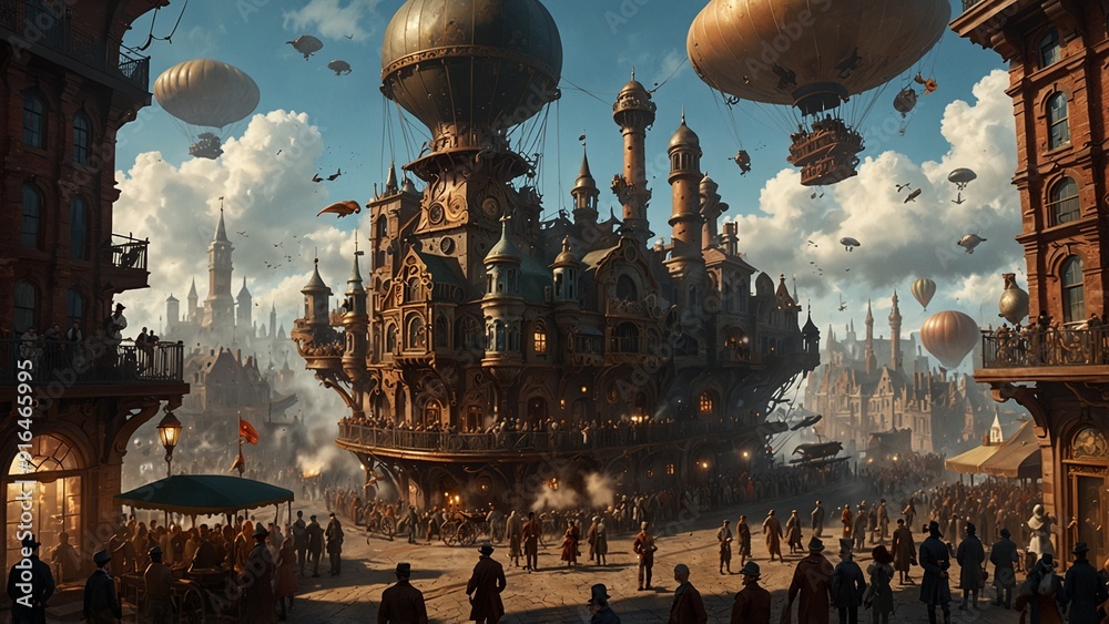 A steampunk city from a panoramic view, with gears and smokestacks ...