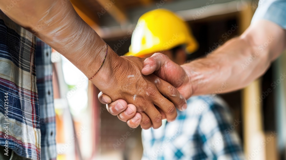 Two construction workers shake hands, symbolizing teamwork and ...