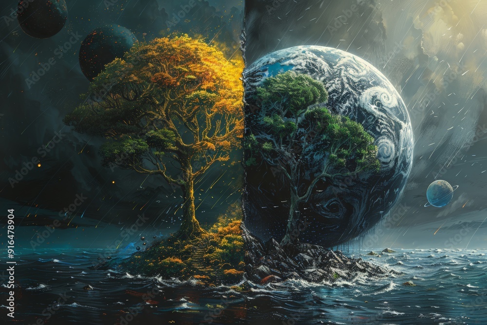 Image depicting split Earth, left side shows vibrant nature with tree ...