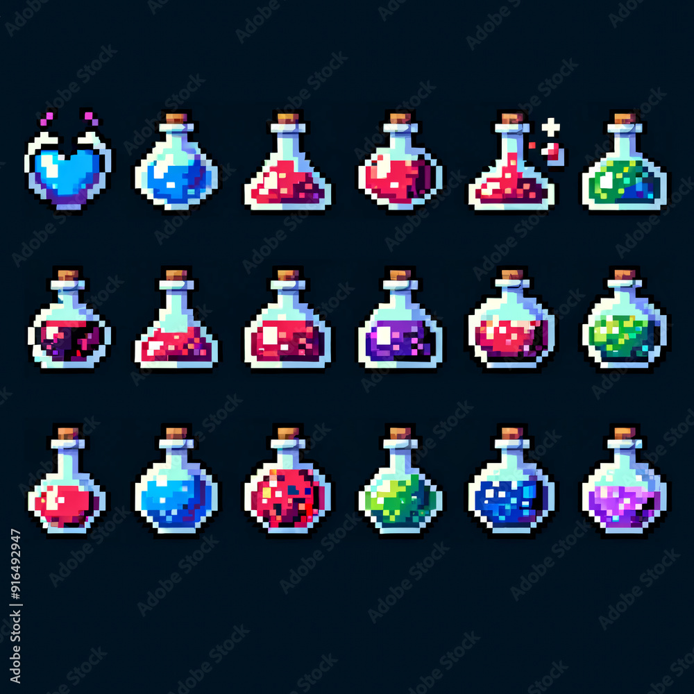 Sprite sheet of RPG alchemy flasks in pixel art style Stock ...