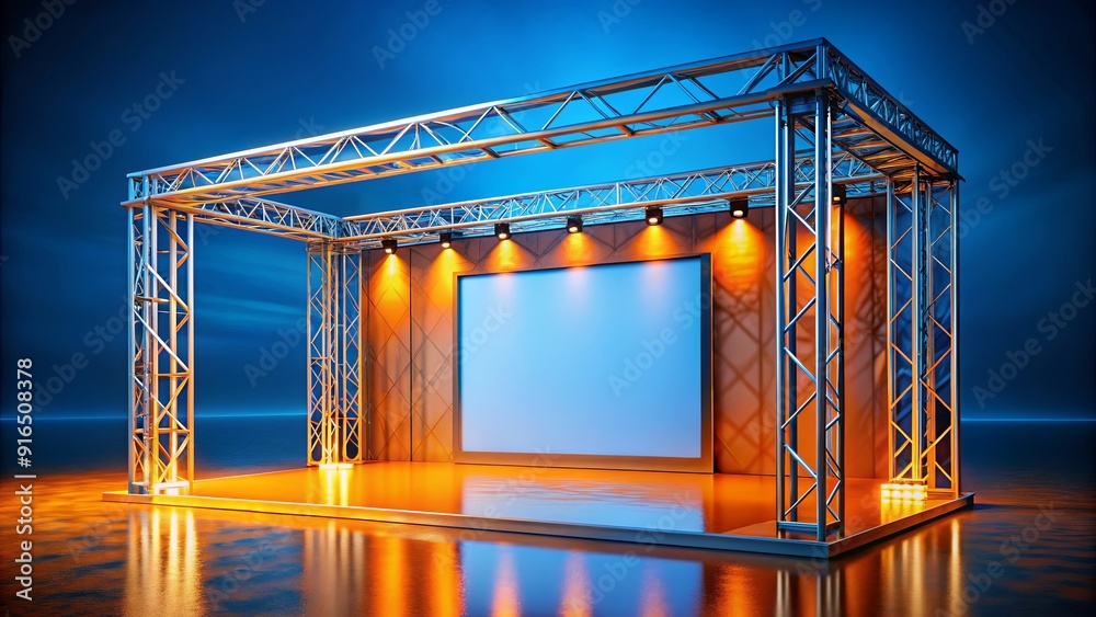 rendering of orange square next to metal truss and blue light panels ...