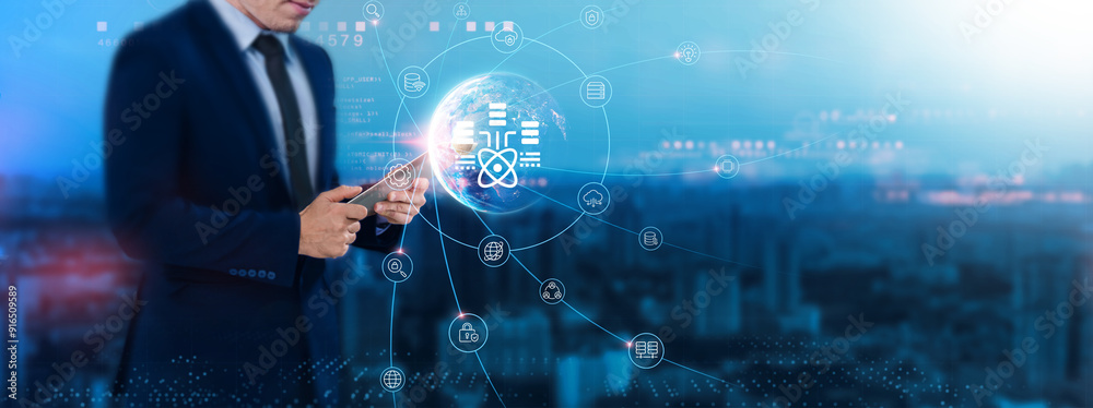 Data Science: Advanced analytics, businessman uses tablet and ...