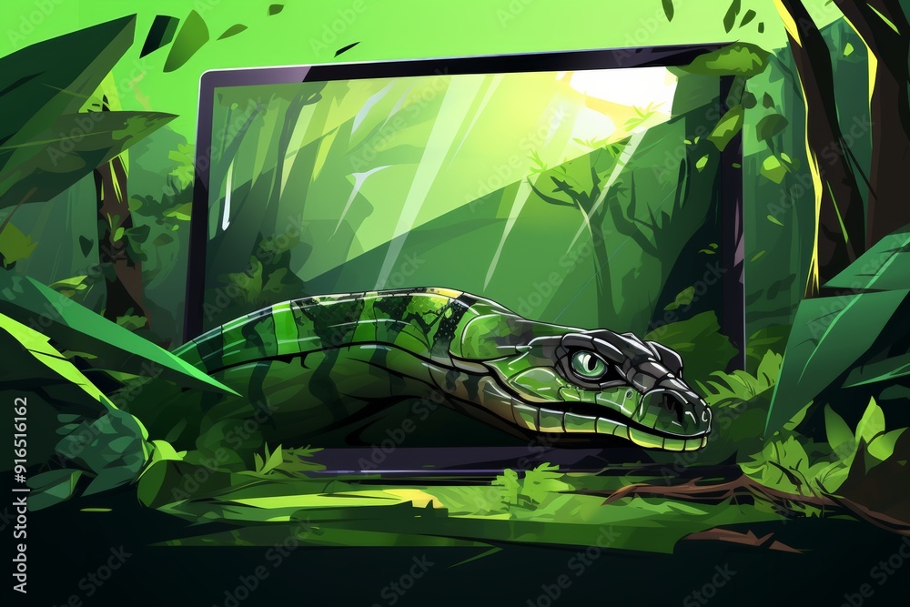 Dynamic digital artwork depicting a large green snake emerging from a ...