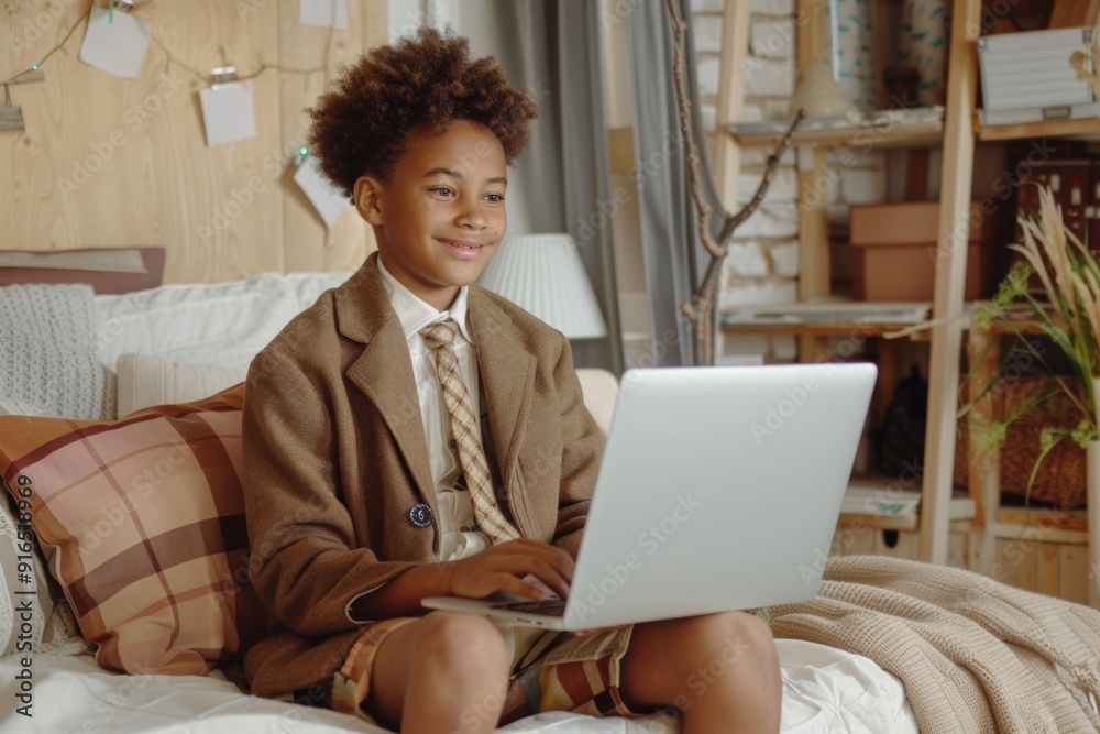 Driven ambition smartly dressed boy operates his laptop. Remote Work ...