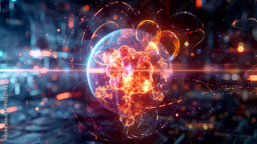 Holographic display of a nuclear fusion process, dark background, neon ...