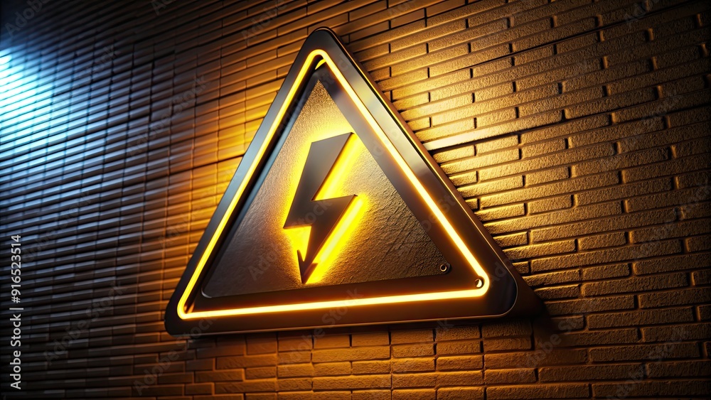 Glowing electric hazard warning sign at night with warm ambient ...