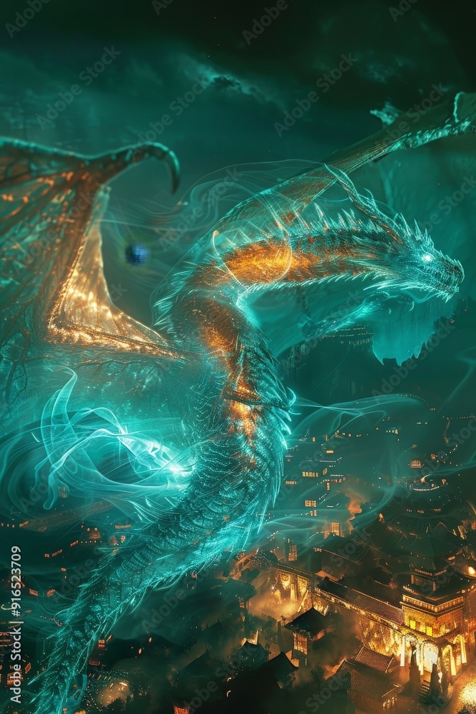 A crystal dragon, glowing with inner light, flies over a fantasy ...