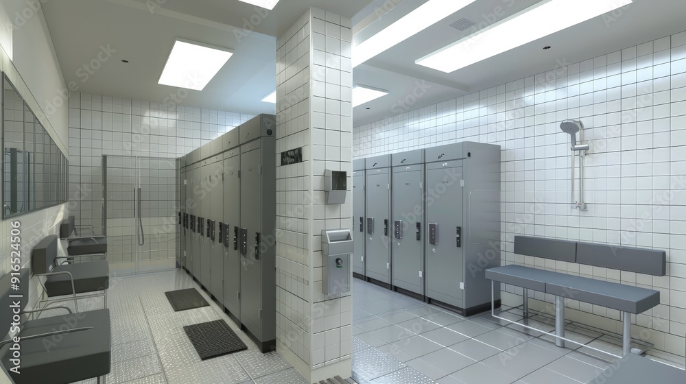A detailed 3D model of a gym locker room, complete with lockers ...