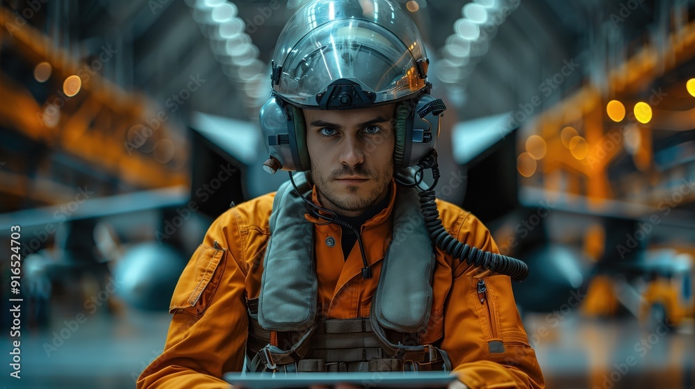 Male Pilot in Flight Gear in Hangar. Male pilot in full flight gear and ...