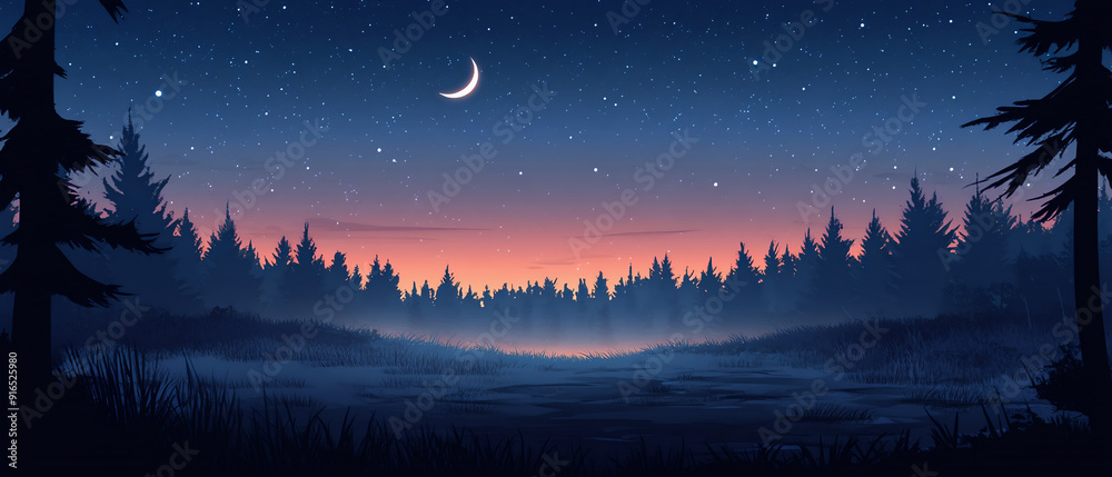 Early morning landscape, overlooking a crescent, forest and starry sky ...