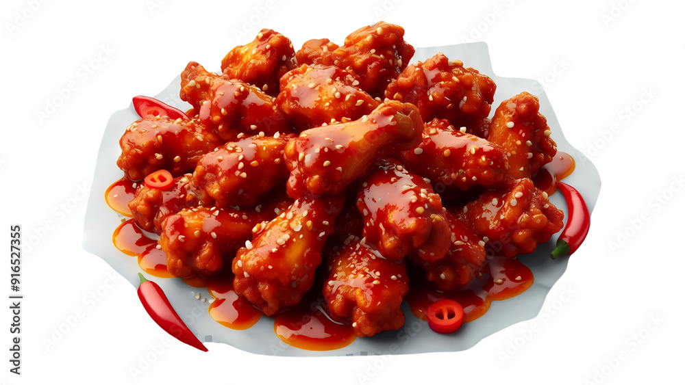 High-definition close-up of boneless wings covered in spicy sauce, laid ...