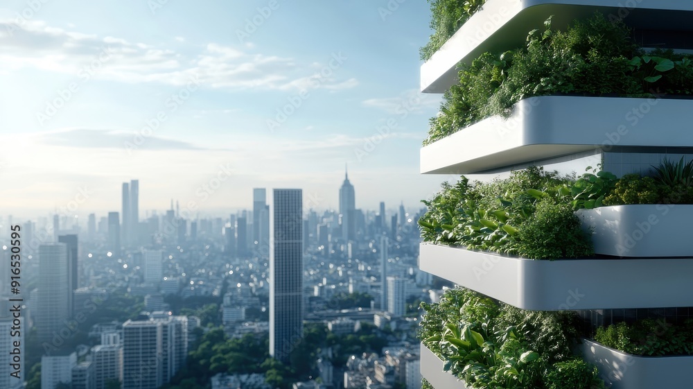 Sustainable high-rise with vertical gardens in an urban park. Stock ...