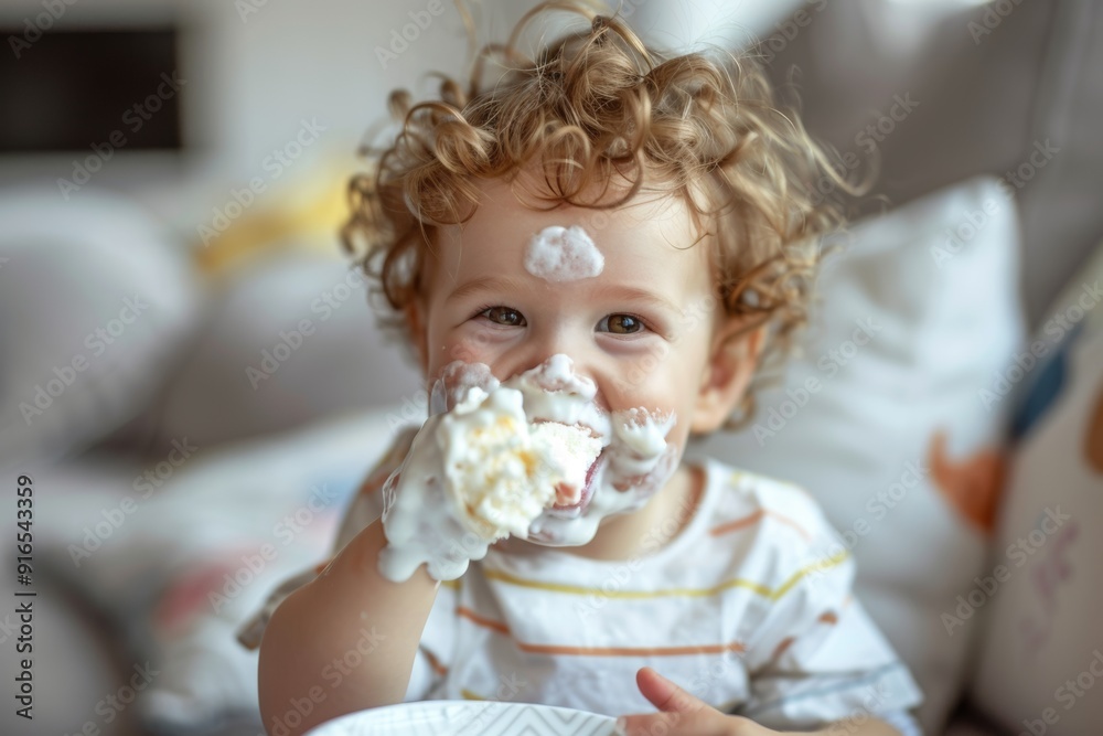 Infant golden locks lying down and exuding happiness. Baby delighted ...