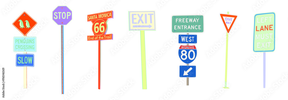 Vector Set of Road Signs - penguins crossing, stop, route 66, exit ...