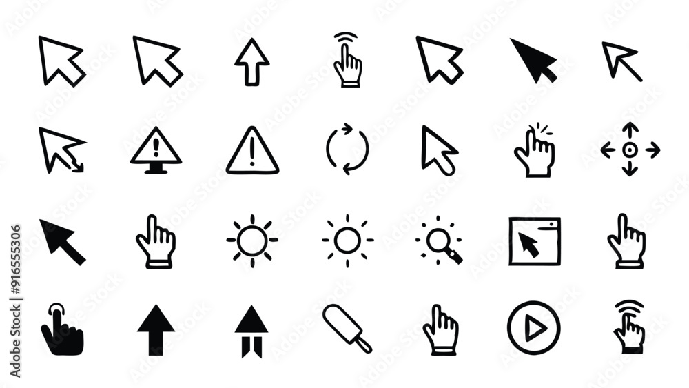 Set of 30 outline icons related to click, cursor and hand gestures ...