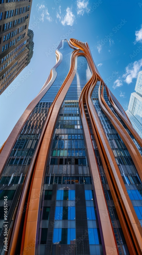 Modern skyscraper with unique curved design in urban cityscape ...
