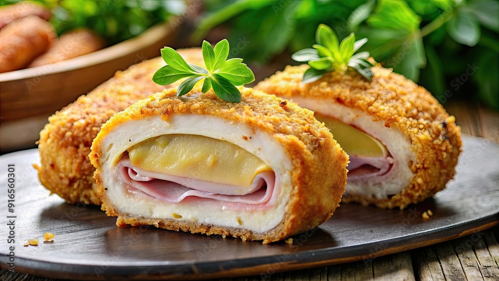 Delicious chicken cordon bleu with crispy breaded coating, juicy ham ...