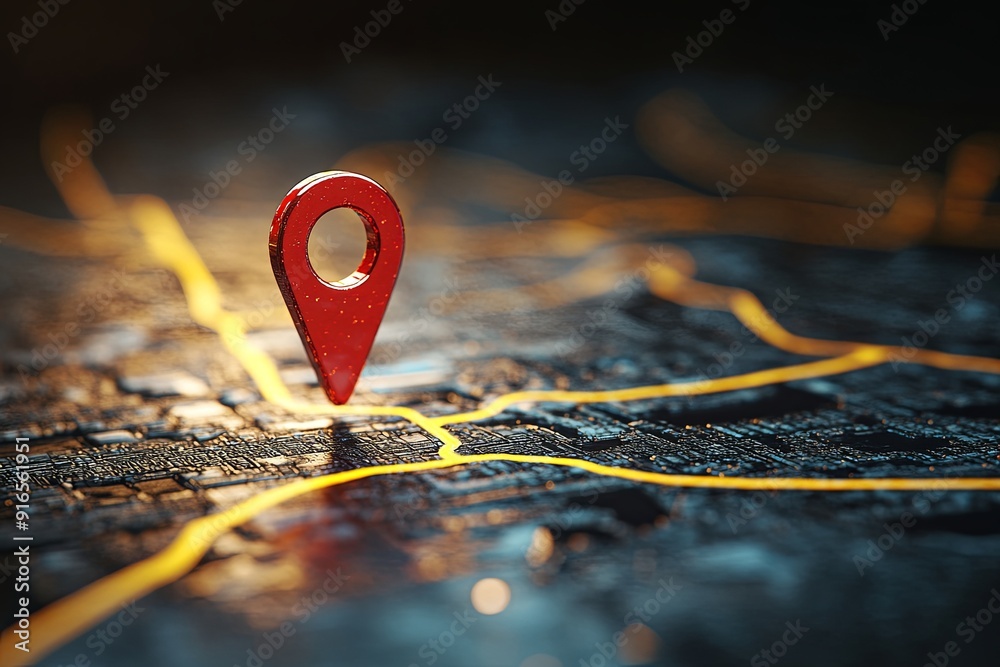 3D red location pin on a digital map with yellow lines, ideal for ...