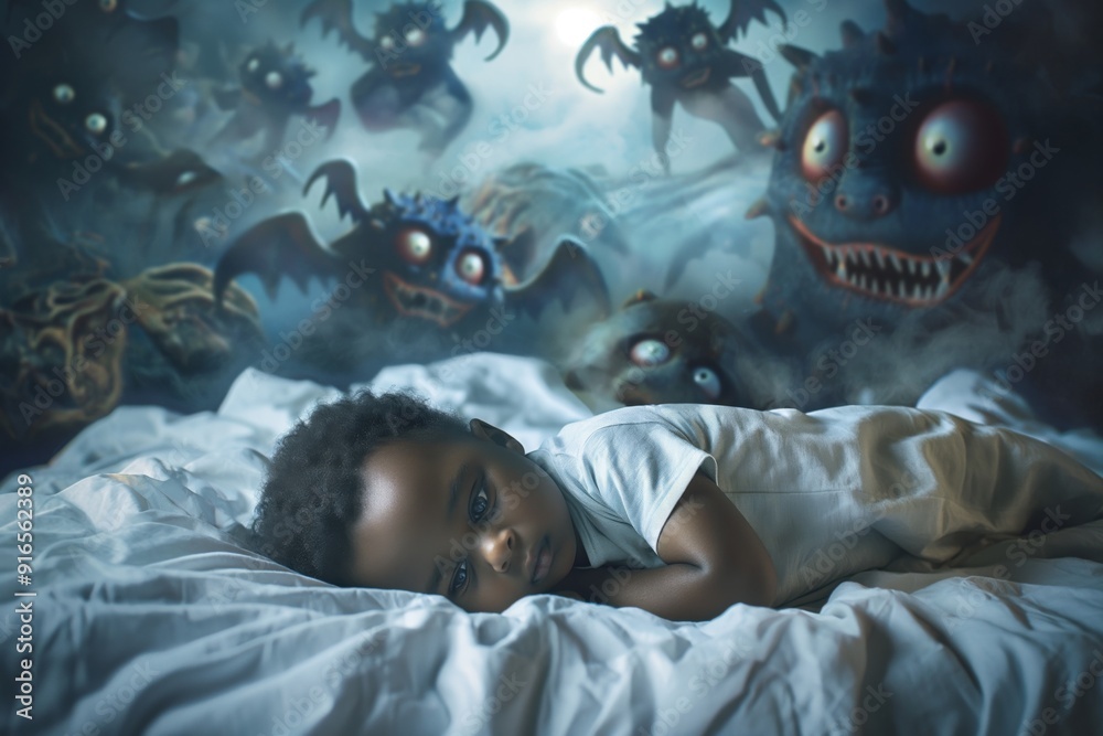 Child's dream is overtaken nightmarish fantasy creatures. Sleeping boy ...