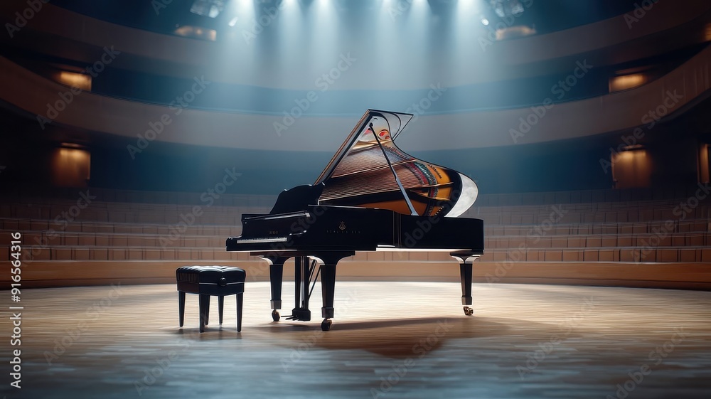 Empty concert hall with stage illuminated by spotlight, microphone, and ...
