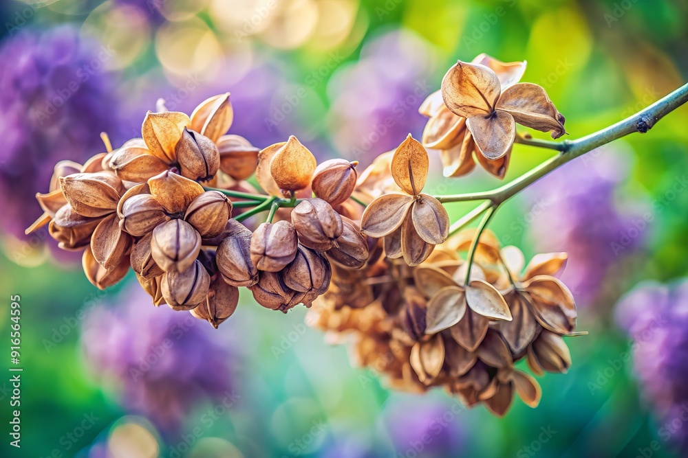 Dried seed pods adorn a delicate lilac branch, Syringa vulgaris ...