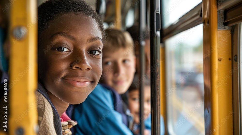 Picture a school bus making its way through a busy urban area, picking ...