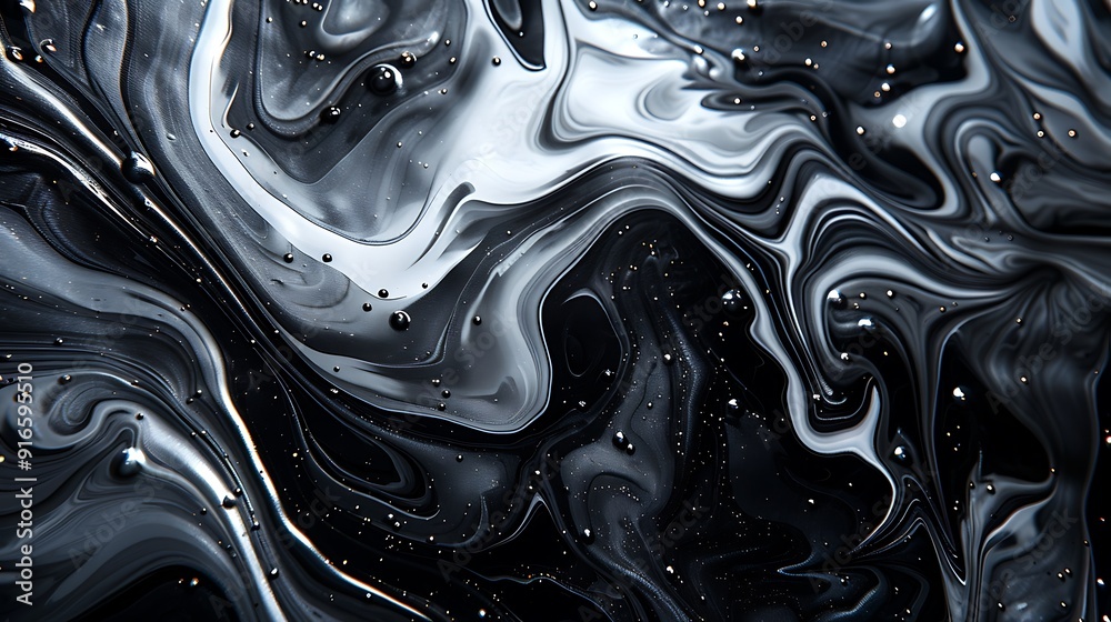 Abstract fluid art with swirling patterns in striking black and silver ...