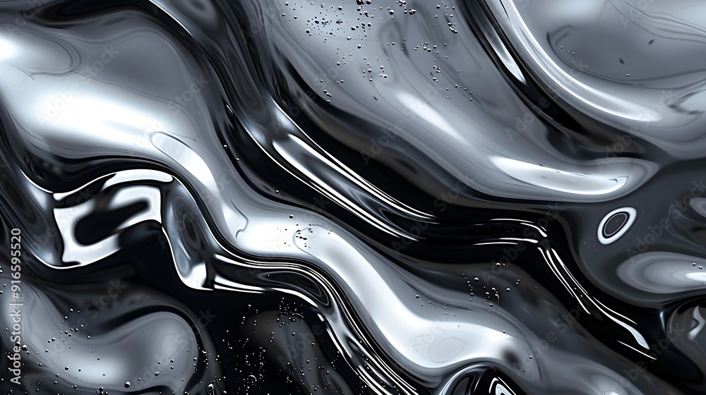 Abstract fluid art with swirling patterns in striking black and silver ...
