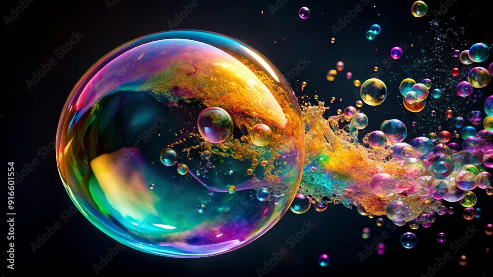 Vibrant, translucent soap bubble bursts, releasing shimmering, iridescent fragments in shades of ...