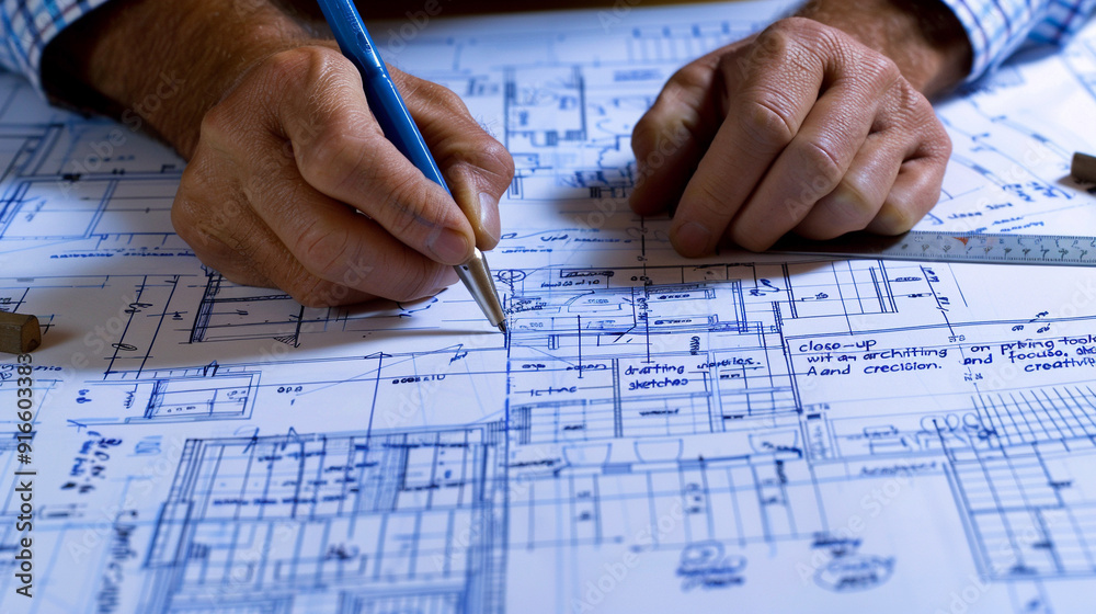 A close-up of an architect working on blueprints, with drafting tools ...